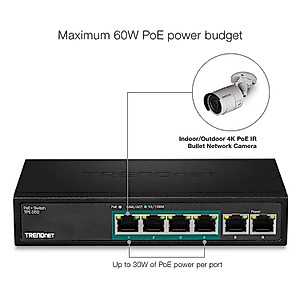 RENDnet 6-Port Fast Ethernet PoE+ Switch, TPE-S50, 4 x Fast Ethernet PoE Ports, 2 x Fast Ethernet Ports, 60W PoE Budget, 1.2 Gbps Switch Capacity, Ethernet Network Switch, Metal