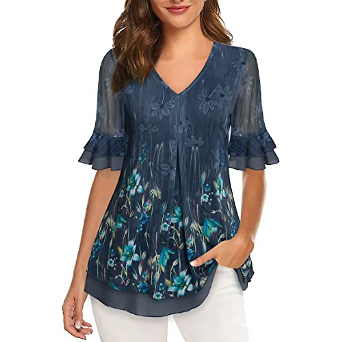 VALOLIA Women Half Sleeve Top and Blouses, Work Clothes for Women Office, Womens Dressy Tops Pretty Flowy Tunic Tops Casual Spring Summer Outfits Evening Tops for Women Elegant Classy Grey XL