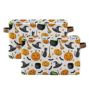 senya Halloween Basket, Large Foldable Storage Basket with Handles Halloween Pumpkin Black Cat Ghost Bat Pattern Fabric Collapsible Storage Bins Organizer Bag for Storage Toy Storage