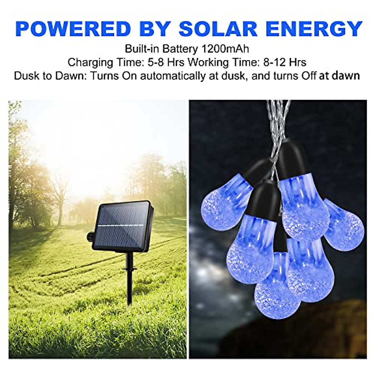 Solar String Lights 39.4FT 50LED Super Bright Solar Outdoor Lights Waterproof 8Modes Decorative Patio Lights Solar Powered for Outside Garden Camping Yard Porch Wedding Party Halloween Christmas-Blue