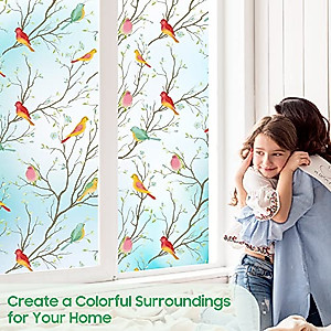 Viseeko Stained Glass Window Film: Bird Window Privacy Film Non-Adhesive Window Clings Room Decor Frosted Window Decals UV Blocker Removable for Bathroom Kids Study Room