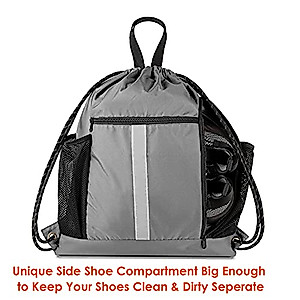 BeeGreen Grey Drawstring Bag Pack Gym Sackpack w Shoe Compartment Two Water Bottle Holder Portable String Sinch Sack for Gymnastic Athletic Beach Travel