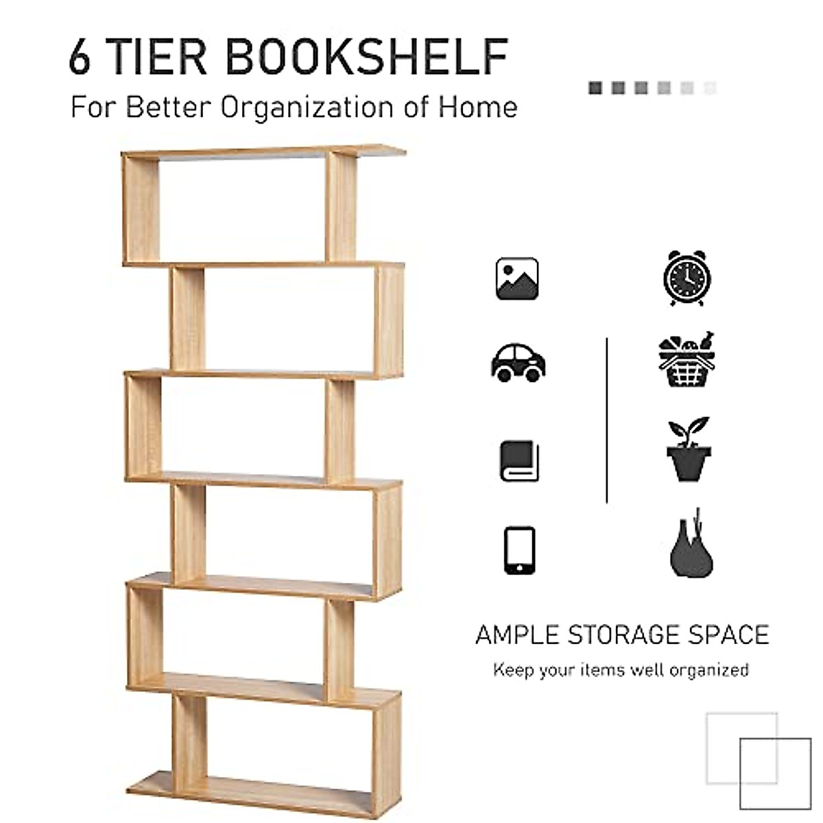 HOMCOM 75.5" H Bookcase 6 Shelf S-Shaped Bookshelf Wooden Storage Display Stand Shelf Organizer Free Standing Oak
