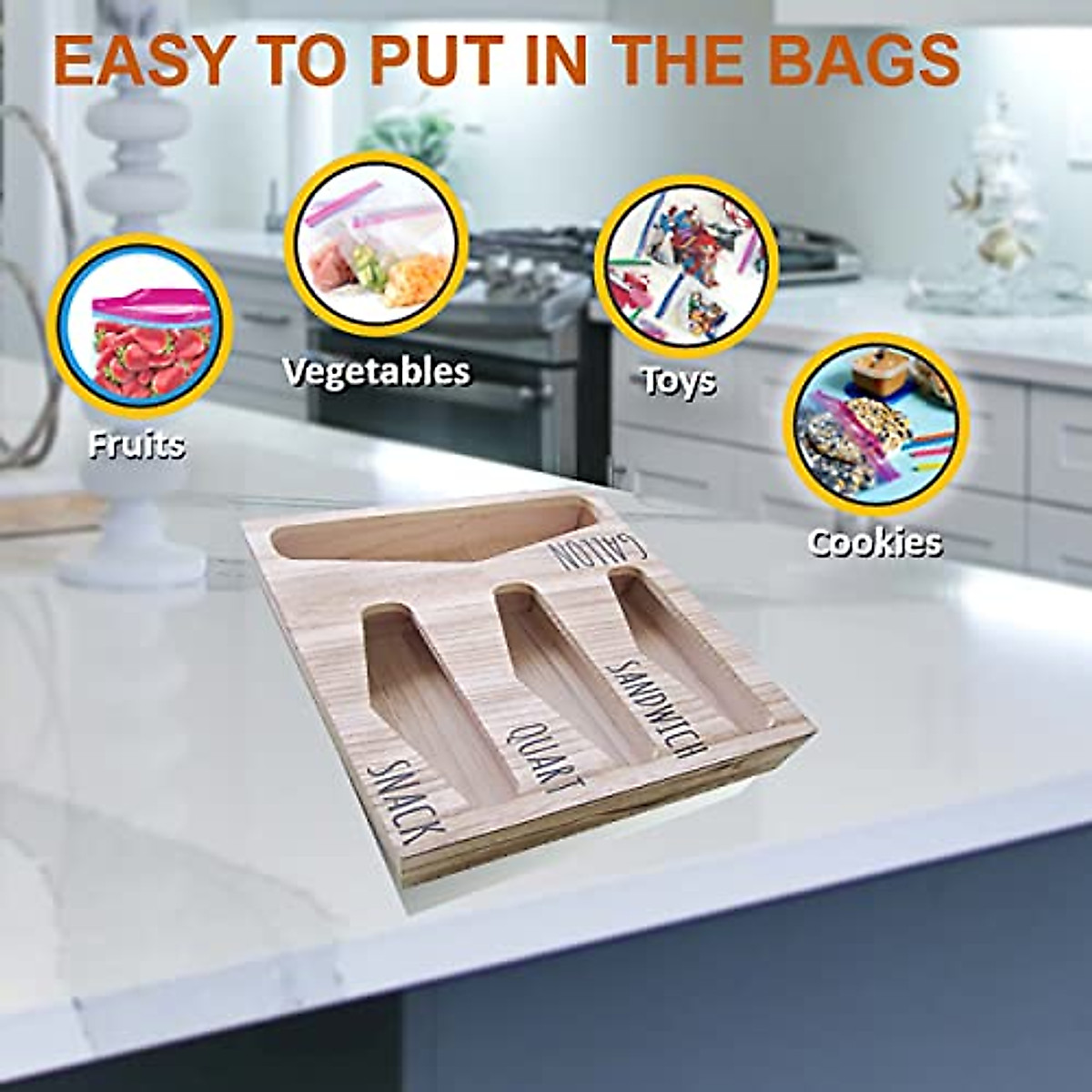 GONNADOO Wood Ziplock Organizer Box, Wood Kitchen Food Baggie Organization Dispenser for Kitchen Drawer Box, organizers and storage with Gallon, Quart, Sandwich and Snack Variety Size Bags (Natural)