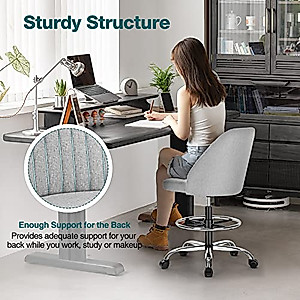 SMUG Standing, Fabric Desk Armless Drafting Counter Height Adjustable Office, Bar Shop Guitar Tall Vanity Stool Chair with Backrest Wheels, Grey