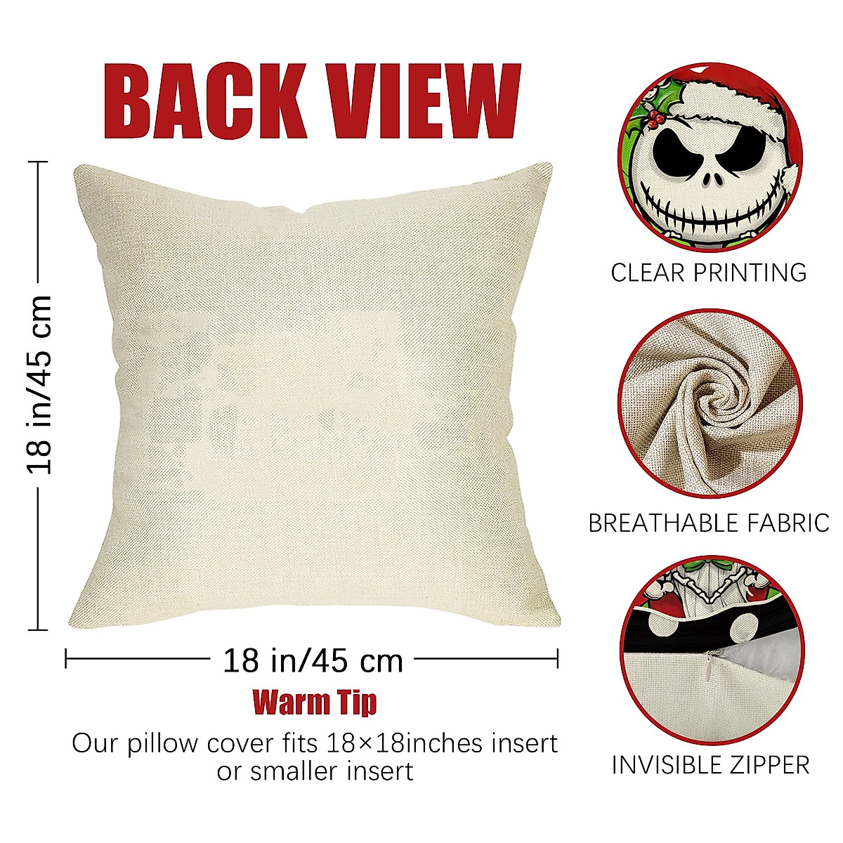 Fahrendom Merry Christmas Believe Decorative Throw Pillow Covers 18x18 Set of 4, Xmas Gift Black Green Patio Porch Outdoor Pillowcase, Polka Dots Jack Skellington Sally Winter Cushion Case Home Decor