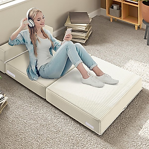 CATMIX Folding Sofa Bed, Foldable Memory Foam Couch Floor Mattress Futon, Convertible Floor Sleeper Chair with Back Support for Living Room, Bedroom, Guest Room, Corduroy (White, Twin)