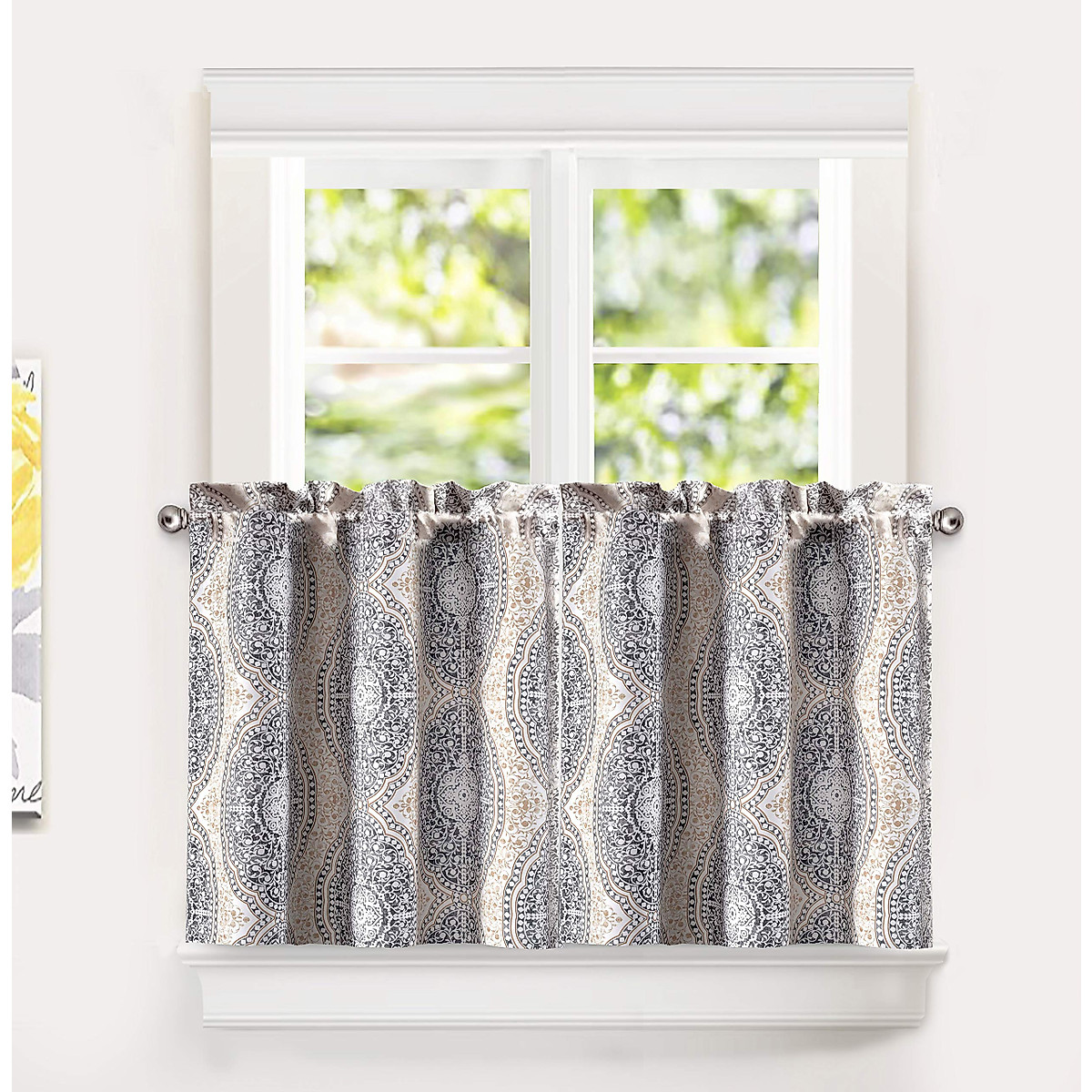 DriftAway Adrianne Thermal and Room Darkening Kitchen Tier Window Treatment Set of 2 Each 30 Inch by 24 Inch Plus 2 Inch Header Beige and Gray