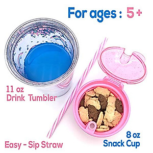 Snack and Drink Cup, Rainbow Theme, Kid's Combo All-in-One Tumbler for On-The-Go, Bonus Sheet of Fun Unicorn and Caticorn Stickers, Straw Included, Pink