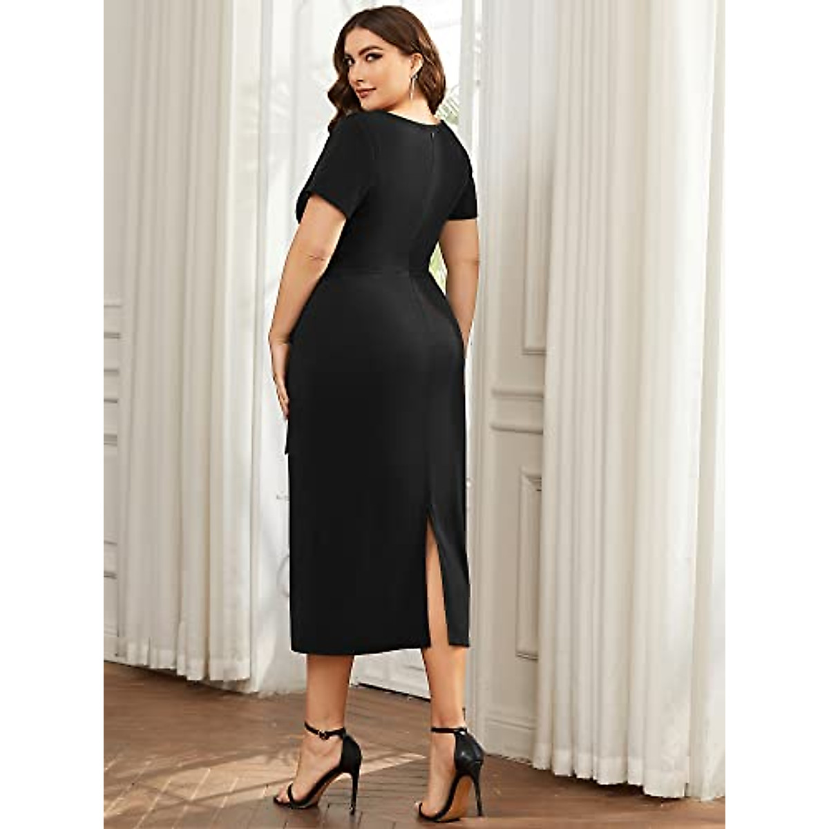 Ever-Pretty Women's Short Sleeves Bodycon Plus Size Semi Formal Dresses for Women Black 2XL