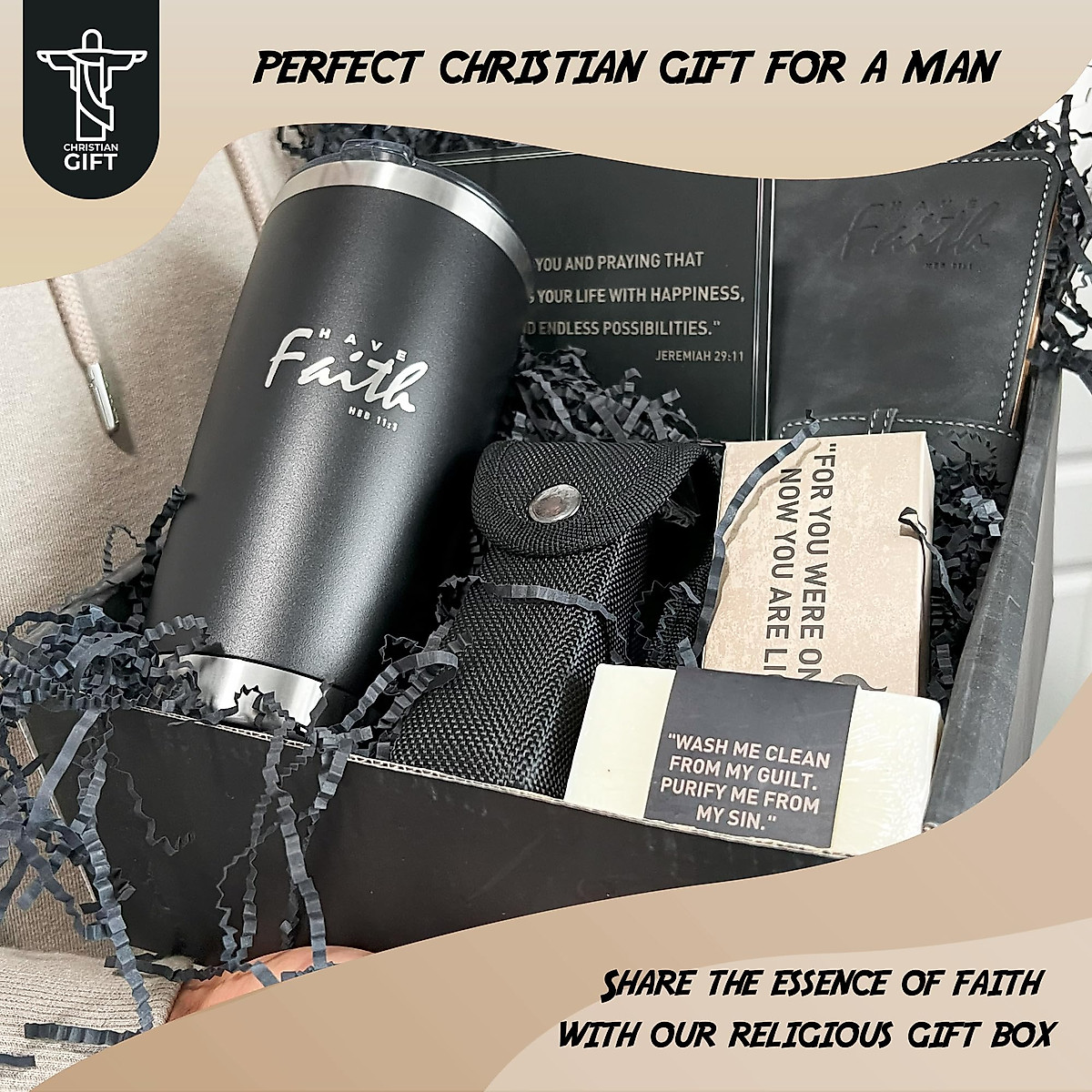 DEHITE Christian Gifts for Men - Religious Basket Inspirational Present - Insulated Tumbler - Notebook - Multitool Pocket Knife - Christmas Gift Birthday Box for Father