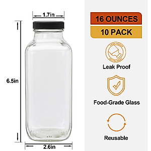 Encheng Glass Juice Bottles with Lids 16oz,Sqaure Juicing Bottles Reusable Glass Drinking Jars Set of 10,Empty 500ml Juice Containers Glass Bottles for Juice,Smoothies,Water,Kombucha