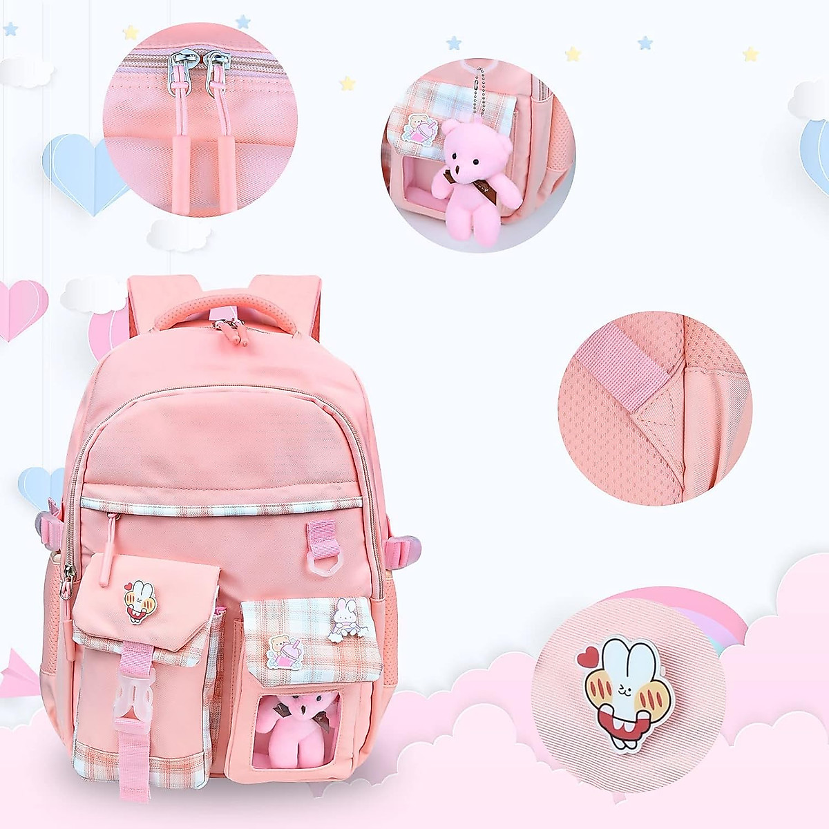 Yozone Girls Backpack with Cute Pin Accessories Plush Pendant Kawaii Backpack Cute Aesthetic Backpack for Teens Girls Women Students (Pink)