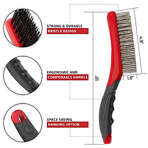 Lavaxon Wire Brush Set-Heavy Duty Stainless & Carbon Steel Bristles with Plastic Handle Grip for Rust, Wielding Slag, Dirt & Paint Scrubbing with Deep Cleaning – 10 Inches, Large (Pack of 2-Red)