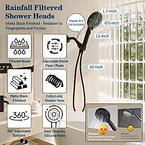 Kurpot Filtered Shower Head with Handheld, 9 Spray Mode High Pressure Shower Head with Filters, 60" Shower Hose, Matte Black Shower Head Filter for Hard Water, Remove Chlorine, Protect Skin and Hair