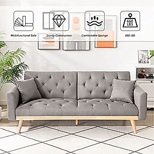 Recaceik Futon Sofa Bed, Convertible Bed Sectional Couch with Two Pillows & Adjustable Backrest, Folding Loveseat Sleeper Sofa Bed with Removable Armrests Linen Fabric Futon Couches for Living Room