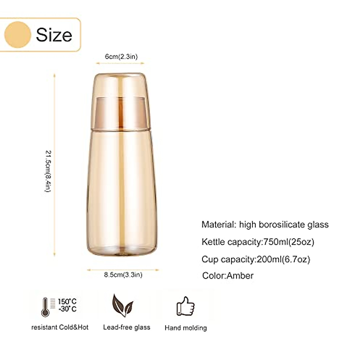 Yalucky Bedside Water Carafe Set with Tumbler, Bedside Carafe and Glass Set for Nightstand Bedroom Guest Room, Water Carafe for Cold Drink, Mouthwash Dispenser for Bathroom Kitchen 25oz/750ml (Amber)