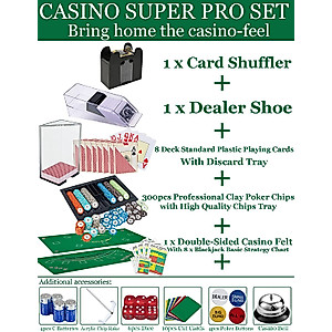 Ultimate Casino Game Set: 6 Deck Shuffler+300pc Hi-End Chips+8 Pro Plastic Poker Card+Card Shoe+Chip Rake+Felt+Accessories, Blackjack Set & Texas Holdem Kit, Poker Night Kit for Adult Casino Party