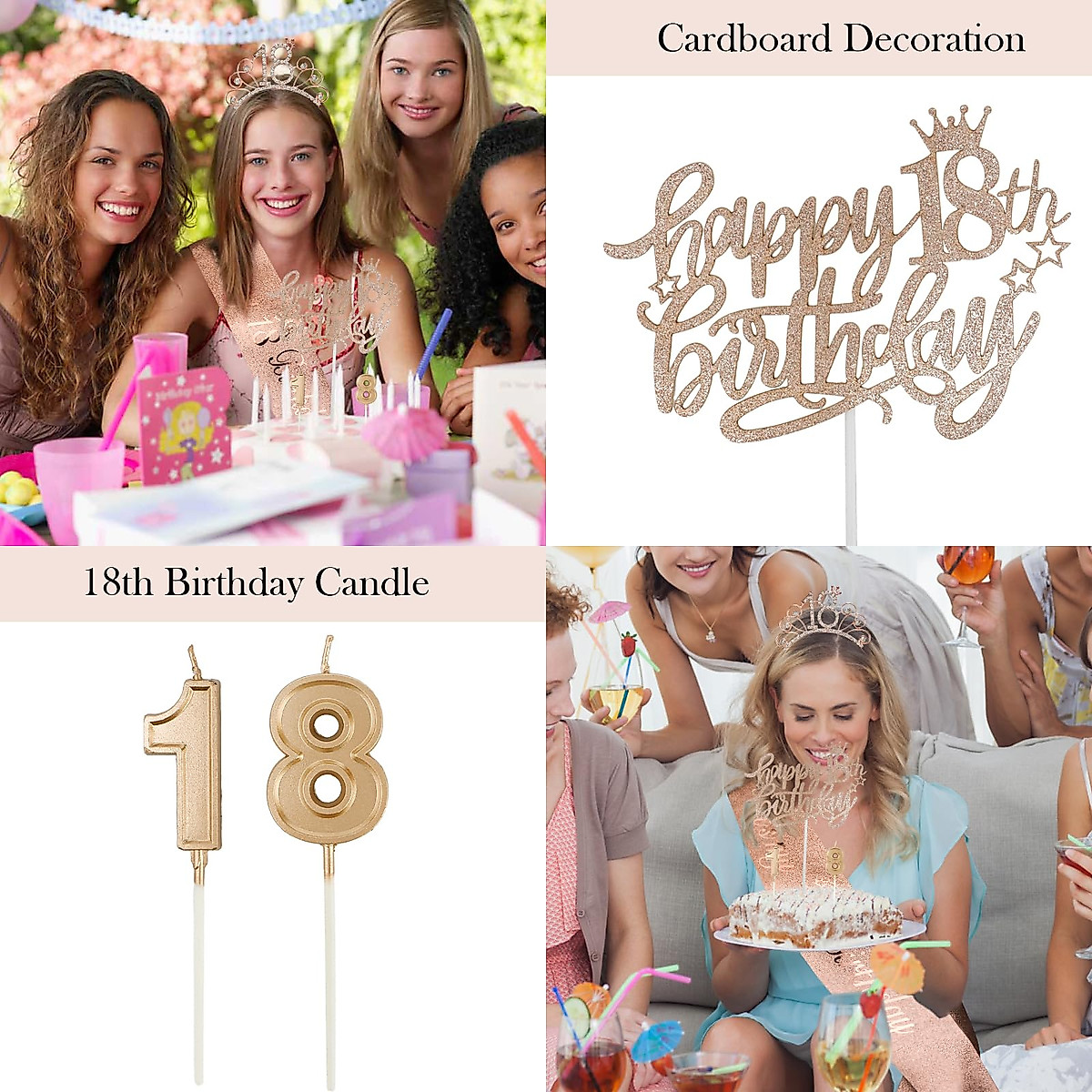 Tihebax 4Pcs 18th Birthday Decorations for Girls, Including 18th Birthday Sash with Pearl Pin Happy 18th Birthday Cake Toppers 18th Birthday Candles Sparky 18th Tiara Crown Birthday Gift for Girls