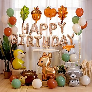 Forest animal Birthday Balloons,Rose Gold Happy Birthday Balloons Banner,Kid's Party Decorations for girls and Boys,Green leaves aluminum film balloons