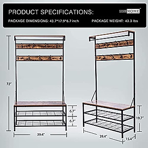 VIVOHOME 5-in-1 Entryway Hall Tree, Industrial Stand Organizer with Shoe Bench, Vintage MDF Wood Furniture with Stable Metal Frame