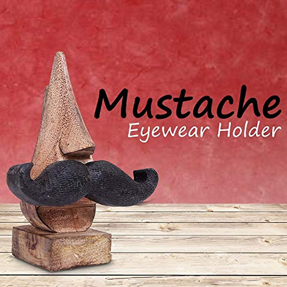 IndiaBigShop Wooden Hand Carved Classic Sheesham Nose-Shaped 6 Inch Eyeglass Spectacle Holder with Black Mustache Perfect Look