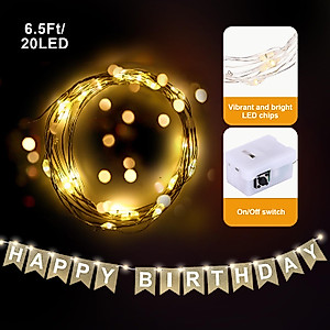 RUBFAC Pre-Strung Happy Birthday Banner - NO DIY - Gold Glitter Birthday Party Banner with 2pcs Fairy Lights for Birthday Party Decorations, Rose Gold Happy Birthday Sign