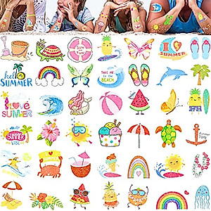 Glitter Summer Tattoos Temporary For Kids Hawaiian Luau Themed Tattoos Tropical Beach Waterproof Tattoos Stickers Pool Party Favors Decoration Supplies For Adults