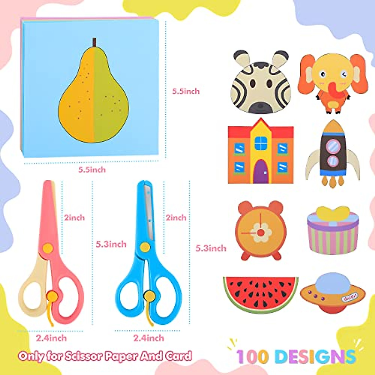 UCEC Toddler Scissors Kids Paper Cut 100 Sheets, 2PCS Plastic Safety Scissors + 2PCS Stainless Steel Preschool Training Scissors, DIY Art Craft Origami Paper Child Scissors for Kids Preschool Child