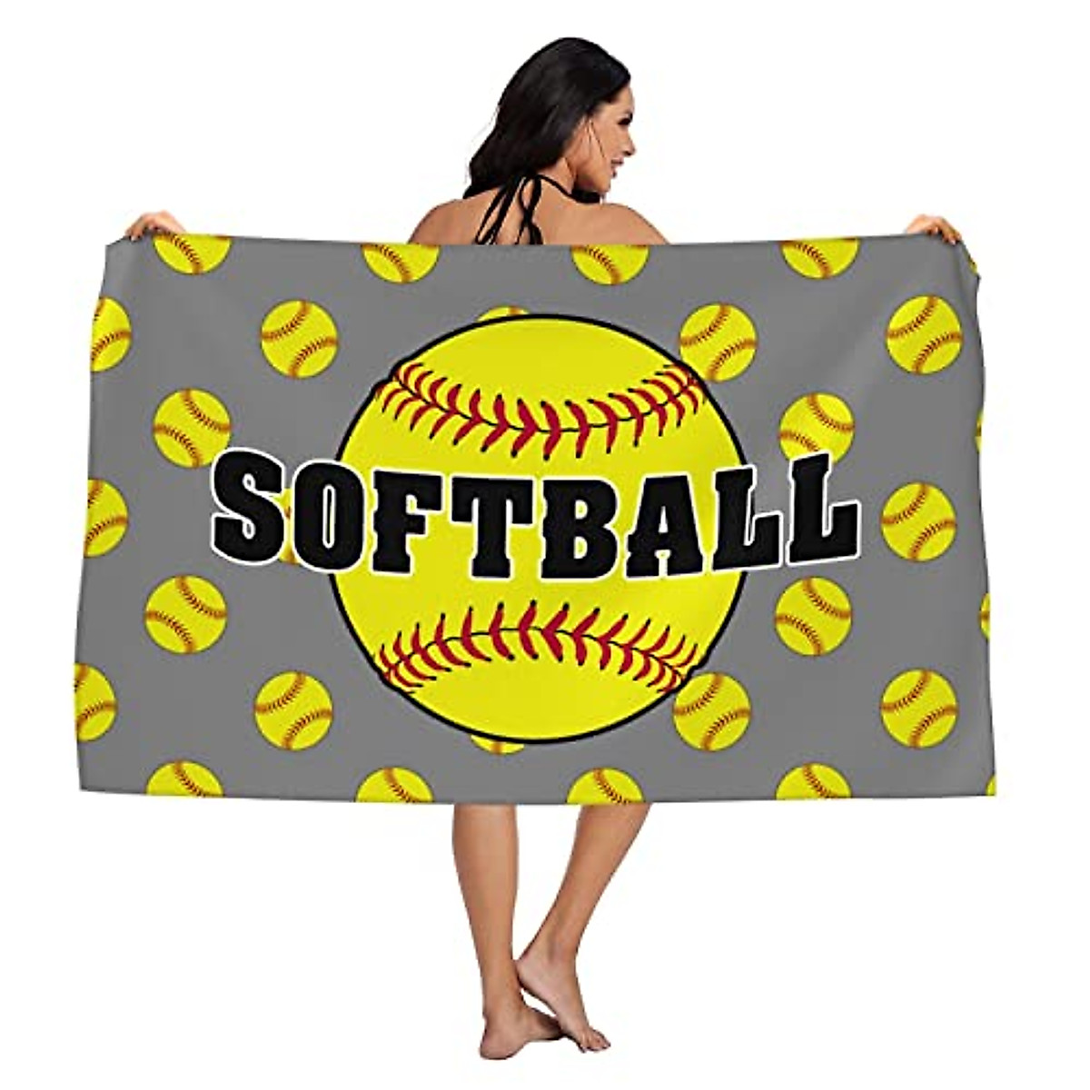 LOTSFUNS Softball Beach Towel Yellow Softball Sports Balls on Grey Bath Towels, Personalized Softball Accessories for Girls Kids, Lightweight Quick Dry Sandproof Pool Towels, Oversized 31.5x51.2