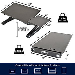 WorkEZ BEST Adjustable Laptop Stand Lap Desk for Bed Couch with Mouse Pad ergonomic height angle tilt aluminum desktop riser tray portable computer riser table cooler cooling folding holder black
