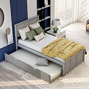 P PURLOVE Twin Size Bed Frame with Trundle,Wood Platform Bed with Twin Size Trundle Bed,Twin Platform Bed Frame with Headboard with Slat Support, No Box Spring Need