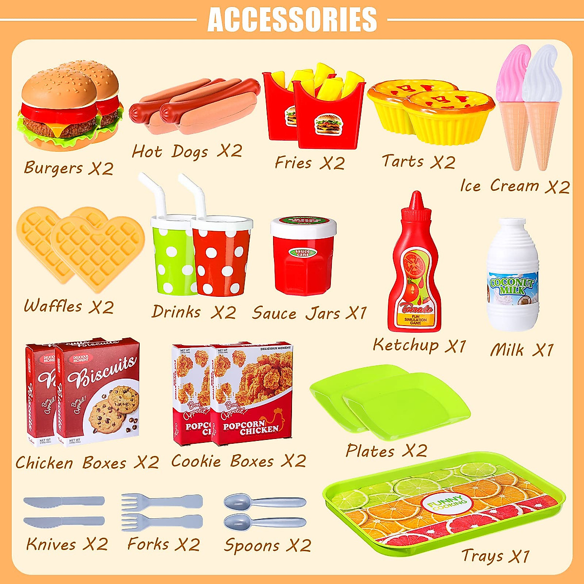 Zomiboo Pretend Play Food Toy Set for Kid Kitchen, Fake Food Plastic Burgers Sandwich Toys Pretend Food Playset Preschool Role Play Kitchen Restaurant Sets Christmas Birthday Gift for Girls Boys