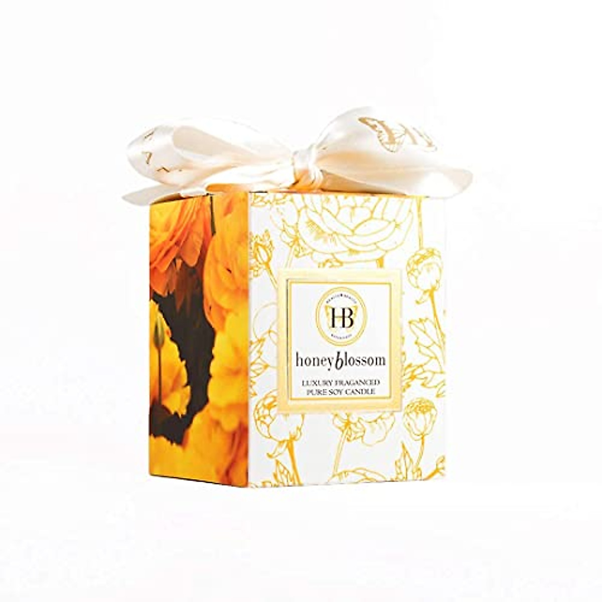 HB HEALTH BEAUTY BOTANICALS Blossom Candle. Honey Citrus Vanilla High Fragrance Soy Candle in Honey Wax 7.5 Oz Gold Glass