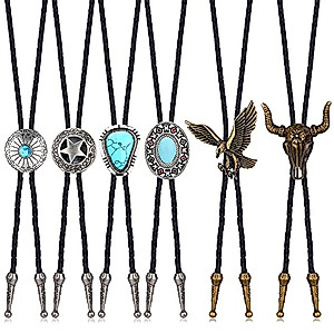SAILIMUE 6Pcs Handmade Bolo Tie for Men Western Cowboy Leather Necktie Native American Necklaces Natural Tiger Eye Stone Turquoise Cow Skull Eagles Bolo Tie Costume Accessories for Men Women