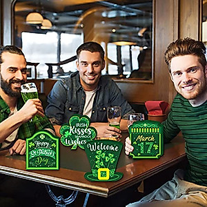 4 Pieces Table Sign Happy St Patricks Day Tabletop Decoration Lucky Shamrocks Wooden Wood Decor Irish Tiered Tray Décor for St. Patrick's Day Party Table Ornaments