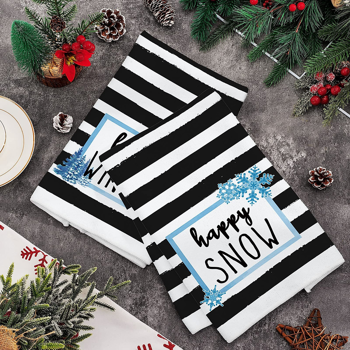 AnyDesign Hello Winter Kitchen Towel White Black Stripe Dish Towel Christmas Snowman Snowflake Happy Snow Tea Towel Xmas Hand Drying Towel for Farmhouse Cooking Baking, 18 x 28 Inch, 2 Pack