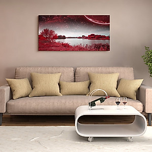 wall art for living room Red Lakes and trees under the starry sky red landscape painting office Wall Art Decor 20" x 40" single Pieces Canvas Prints Ready to Hang for Home Decoration Works For bedroom