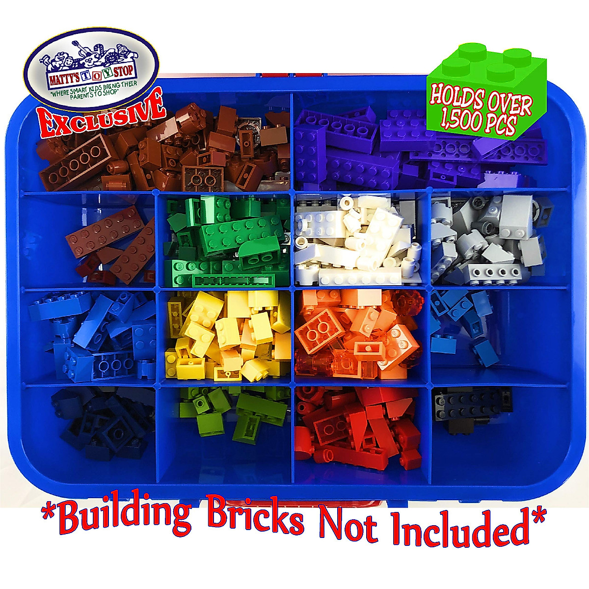 Matty's Toy Stop Brik-Kase 2-GO 13" Travel, Building, Storage & Organizer Container Case with Building Plate Lid (Holds Approx 1,500pcs) - Compatible With All Major Brands (Blue, Red & Gray)