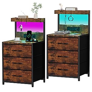 SZLHANJZ Nightstands Set of 2, End Table with LED Light and Charging Station Type C, 3 Drawers Storage Dresser Night Stand with Hooks, Tall Bed Side Table for Bedroom Dorm, Rustic Brown