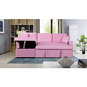 GLANZEND L-Shape Reversible Linen Sleeper Sectional Sofa with Storage Chaise, Corner Convertible Couch w/ 2 Throw Pillows for Living Room, Small Apartment, Dorm, Pink, 57 Inch