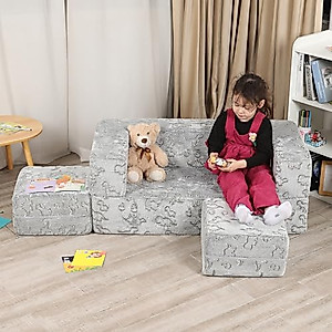 MOMCAYWEX 3pcs Kids Play Couch for Toddler, Glow in The Dark 3-in-1 Kids Couch Fold Out, Imaginative Kids Couch Play Set, Grey