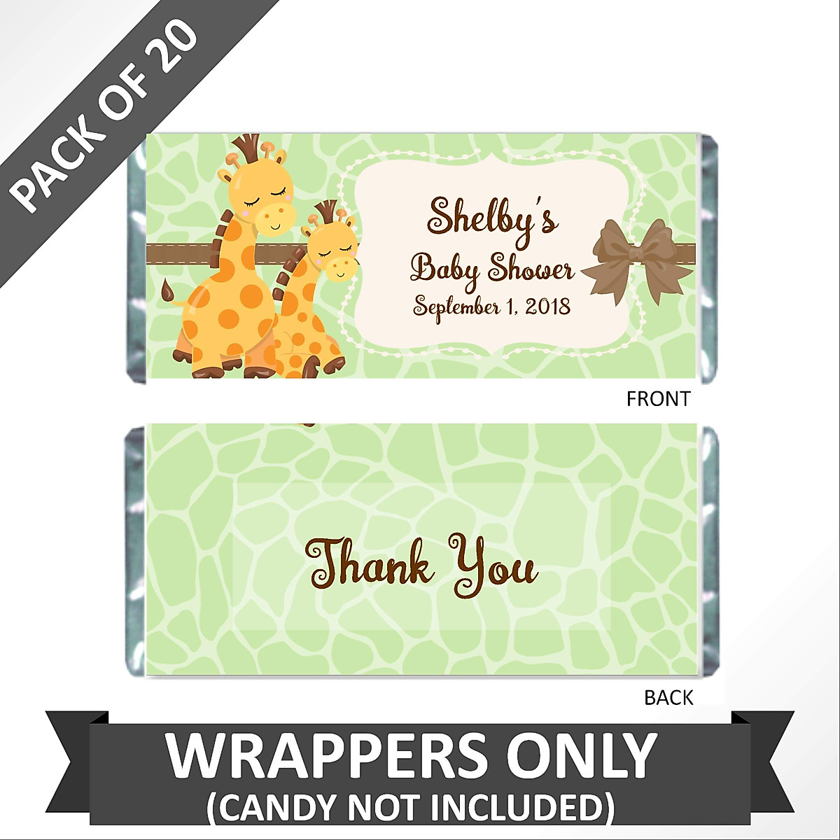 Giraffe Party Favors, Personalized Candy Wrappers, Pack of 20 Custom Chocolate Bar Labels