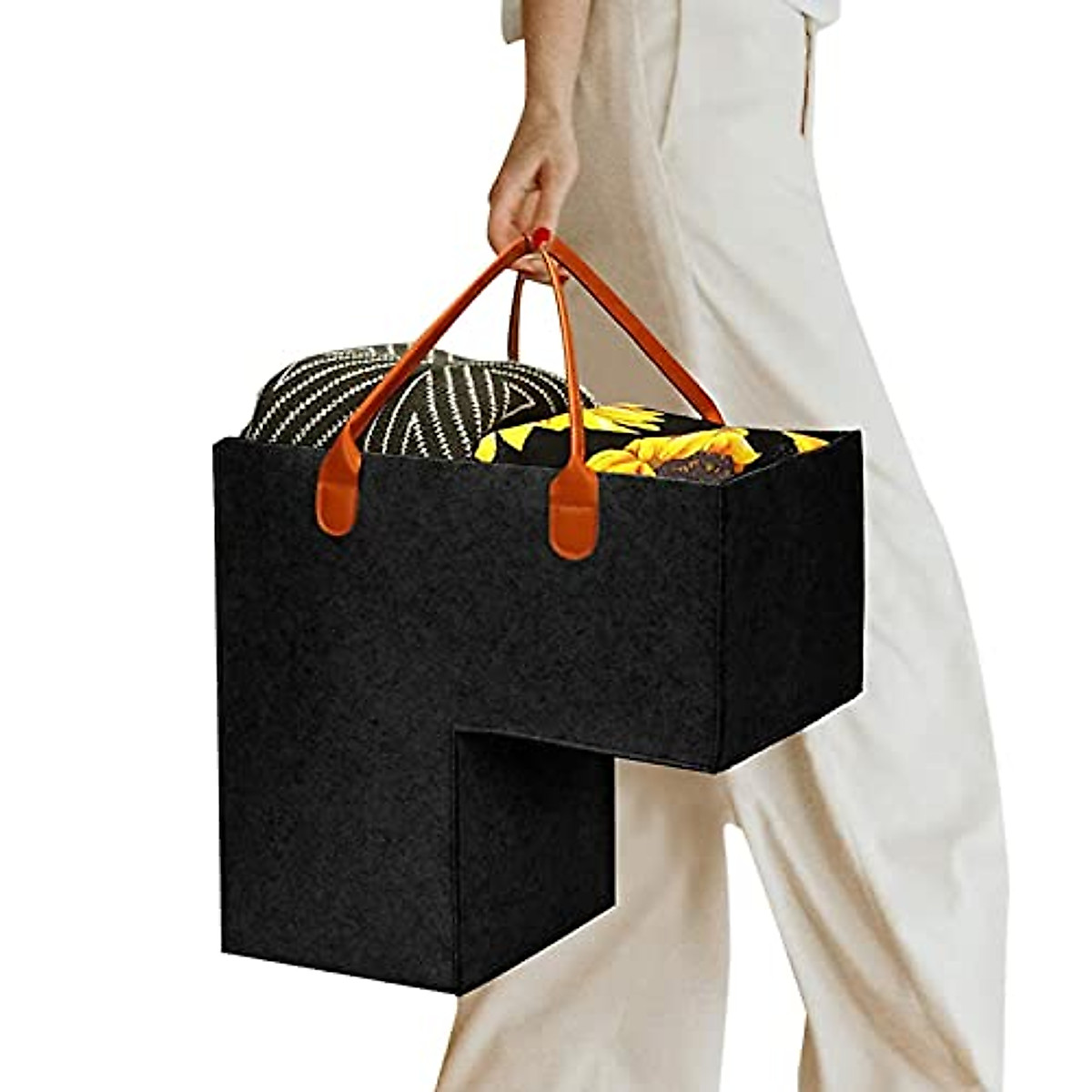 Stair Basket with Leather Handles | Staircase Baskets for Carpeted Stairs and Wooden Stairs | L-Shape Stair Storage Organizer for Home and Office Decor