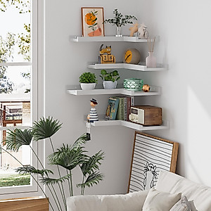 4 Tier Corner Wall Shelf, Floating Corner Shelves with Lip, White Modern Corner Shelves Wall Mounted, Solid Pine Wood Wall Shelf L shaped shelf for Living Room, Bedroom, Bathroom, Home Storage