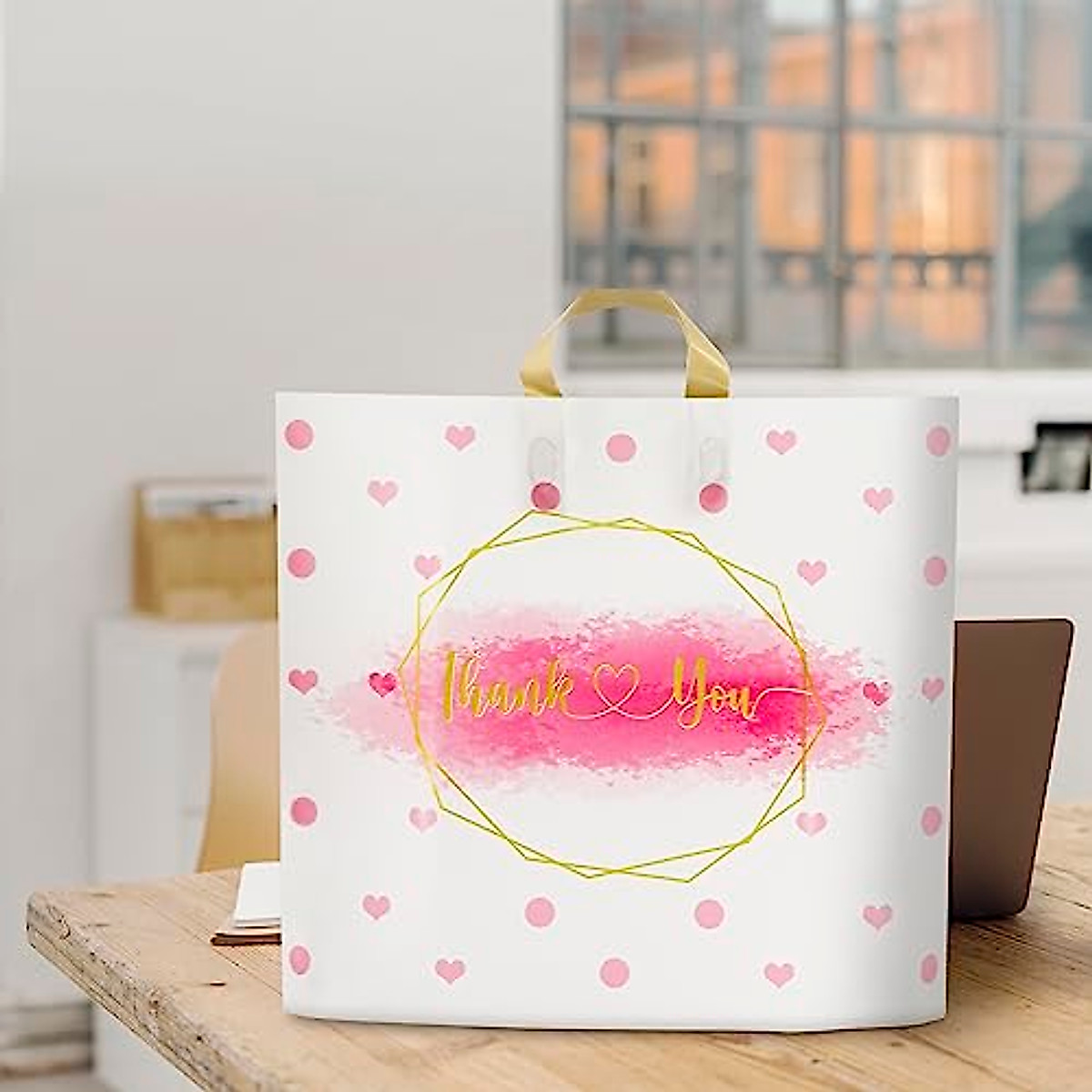 WAKAKO 60Pcs Thank You Bags Plastic Shopping Bags with Handles, Extra Large Thick 18 x 16 Inch Retail Merchandise Gift Bags for Small Business, Polka Dot Heart