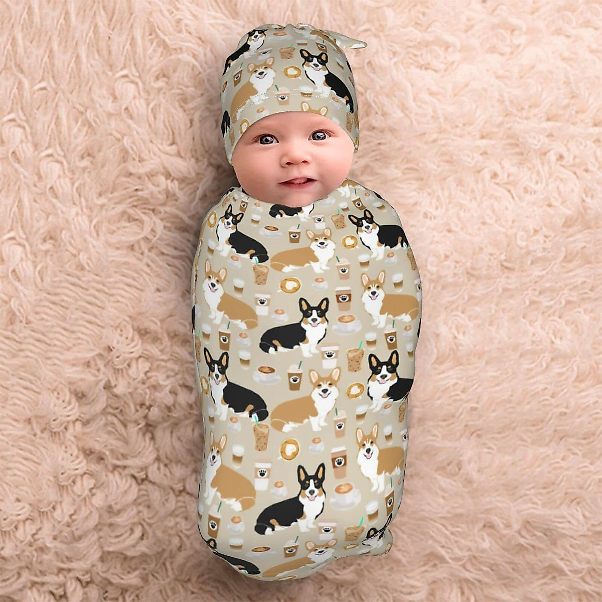Corgi Newborn Swaddle Blanket with Hat Set Baby Stuff Receiving Blankets Soft Transition Sleep Sacks Gifts for Infant Boys Girls