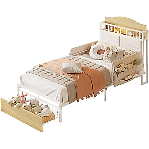 LIKIMIO Twin Bed Frame with Guardrail & Bedside Caddy, Multifunctional Headboard with Charging Station, Durable Metal Platform Bed, Noise-Free, No Box Spring Needed, White