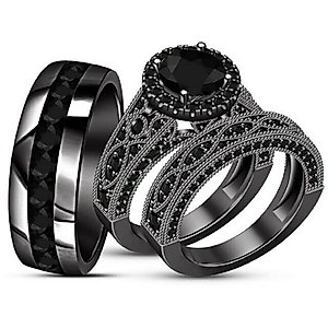 14K Black Gold Over Round Cut Black Diamond 925 Sterling Silver Diamond Engagement Wedding Trio Ring Set for His & Her