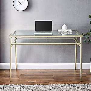 Walker Edison Olivia Contemporary 2 Tier Glass Top Metal Desk, 48 Inch, Gold